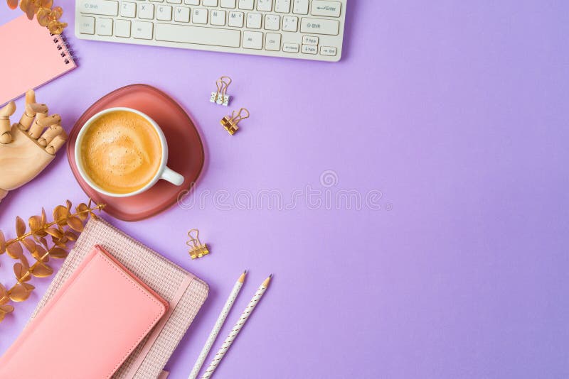 Stylish Feminine Office Desk Table with Coffee Cup, Notebook and ...