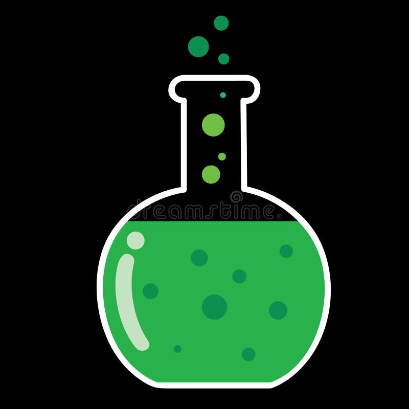 Stylish Flask with Green Liquid on Black Background, Cartoon ...