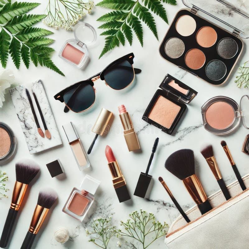 Stylish Flat Lay of Makeup Essentials with Natural Greenery and ...