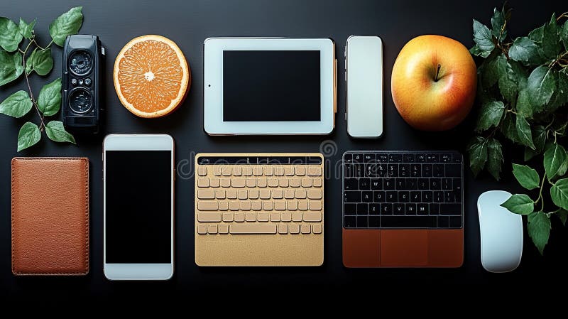 Modern Tech & Nature Flatlay Stock Illustration - Illustration of apple ...