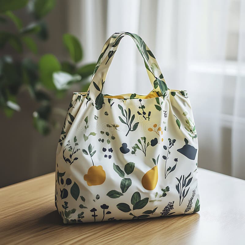 Stylish Folded Reusable Shopping Bag with Green Eco Emblem Stock Photo ...