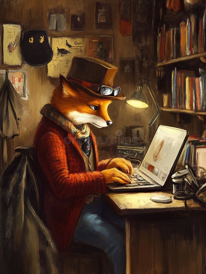 Stylish Fox Using Laptop in Cozy Room Stock Illustration - Illustration ...