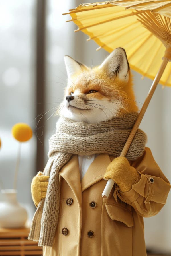 Stylish Fox Wearing Scarf and Coat Holding Umbrella in Autumn Setting ...