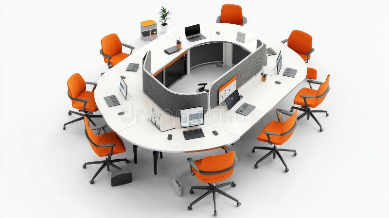 Circular Office Desk Setup with Vibrant Orange Chairs Stock Image ...
