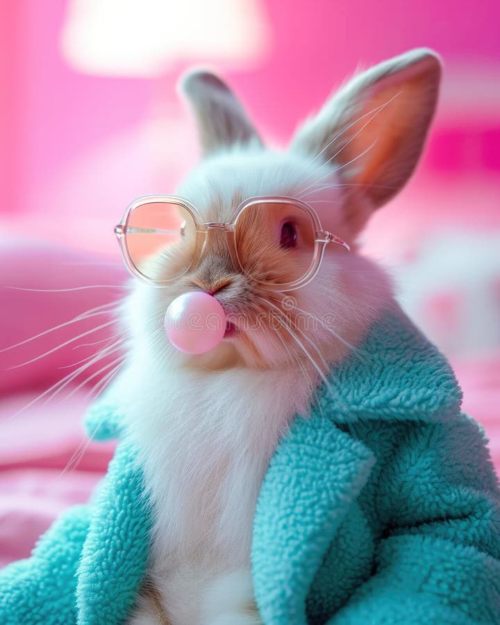 A Stylish Funny Bunny in a Jacket and Sunglasses Blowing a Pink Bubble ...