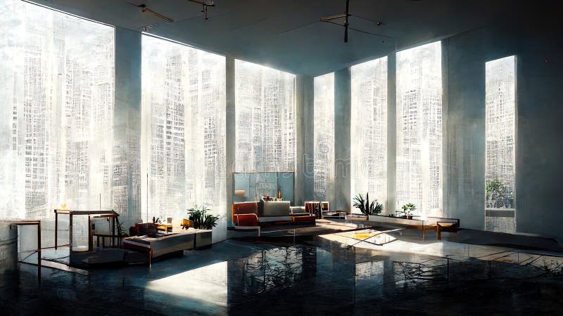 Stylish Futuristic Interior with High Ceilings and Wide Window Openings ...