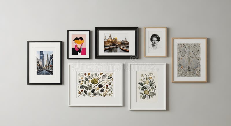 Stylish Gallery Wall with Diverse Art Prints and Frames Stock ...