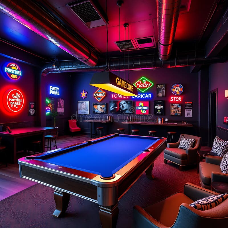 A Stylish Game Room with a Pool Table, Neon Signs, and Comfortable ...