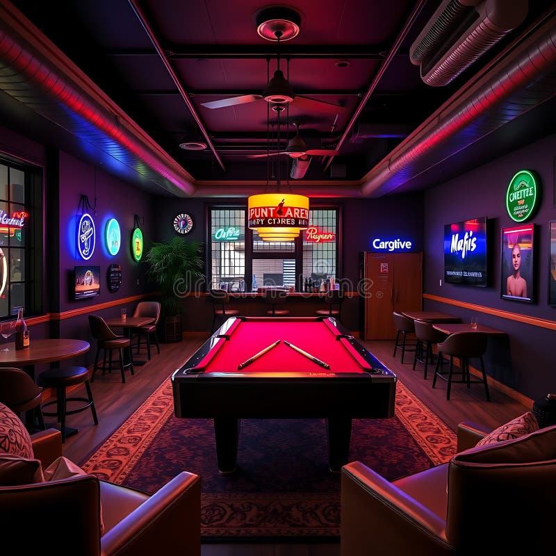 A Stylish Game Room with a Pool Table, Neon Signs, and Comfortable ...