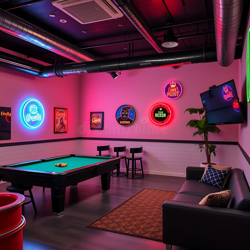 A Stylish Game Room with a Pool Table, Neon Signs, and Comfortable ...