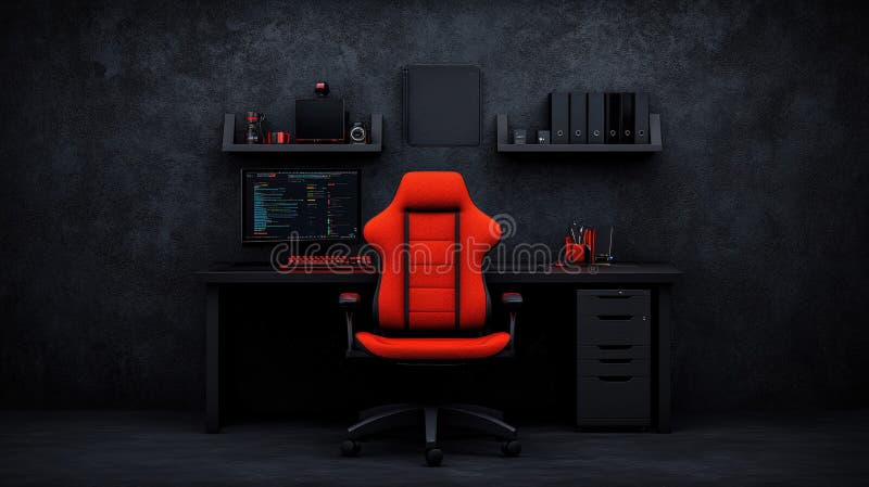Stylish Gaming Desk Setup with Red Chair Computer Screen and ...