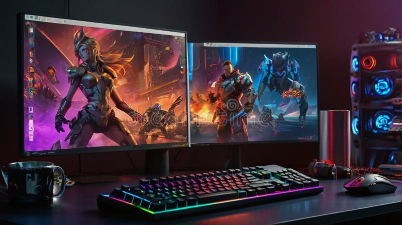Stylish Gaming Setup with Dual Monitors and Neon Lights Stock ...
