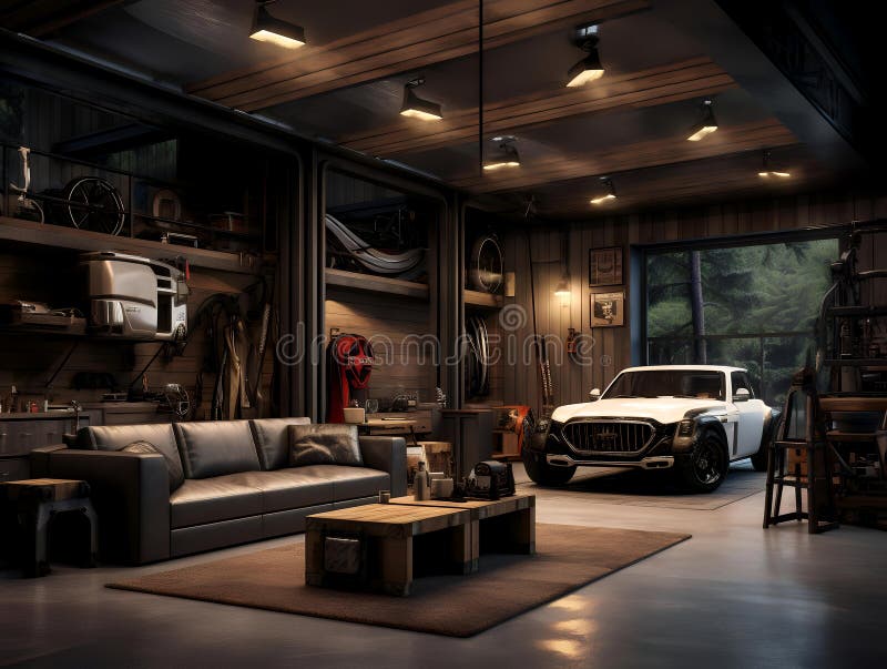 Modern Rustic Garage Interior with Car, Lounge Area, and Tools Stock ...