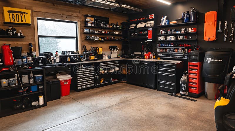 A Stylish Garage Setup with Detailing Products and Tools Neatly ...