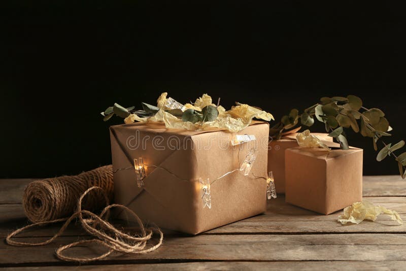 Stylish Gift Boxes on Wooden Table Stock Photo - Image of decorated ...