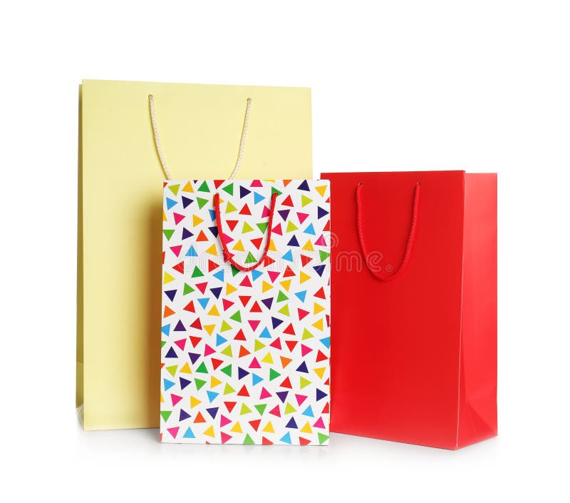 Stylish Gift Paper Bags Isolated on White Stock Photo - Image of ...