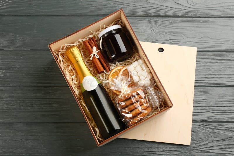 Stylish Gift Set on Grey Wooden Table, Top View Stock Photo - Image of ...