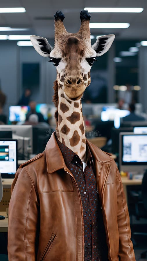 Stylish Giraffe in Leather Jacket and Office Setting with Computers and ...