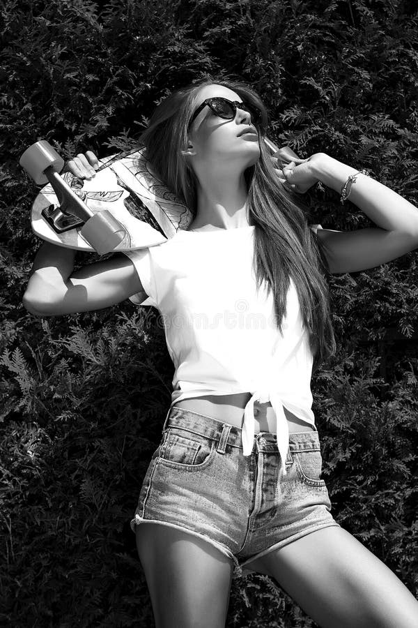 Stylish Girl in Sunglasses Poses with Longboard of Stock Image - Image ...