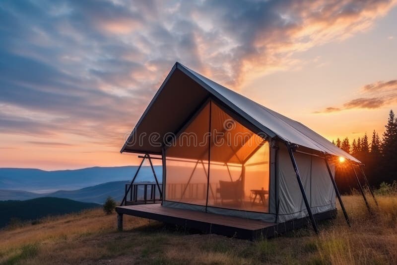 Stylish Glamping Tent in Mountains at Sunset. Generative AI Stock ...