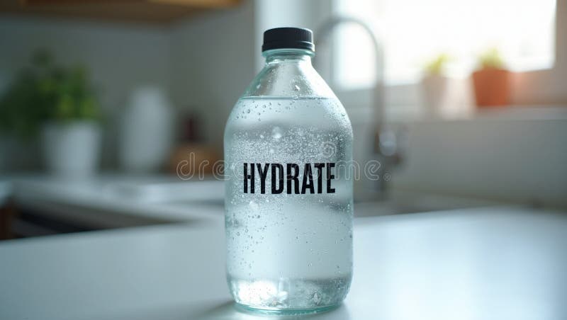 Stylish Glass Water Bottle with Hydrate Text on Kitchen Countertop ...