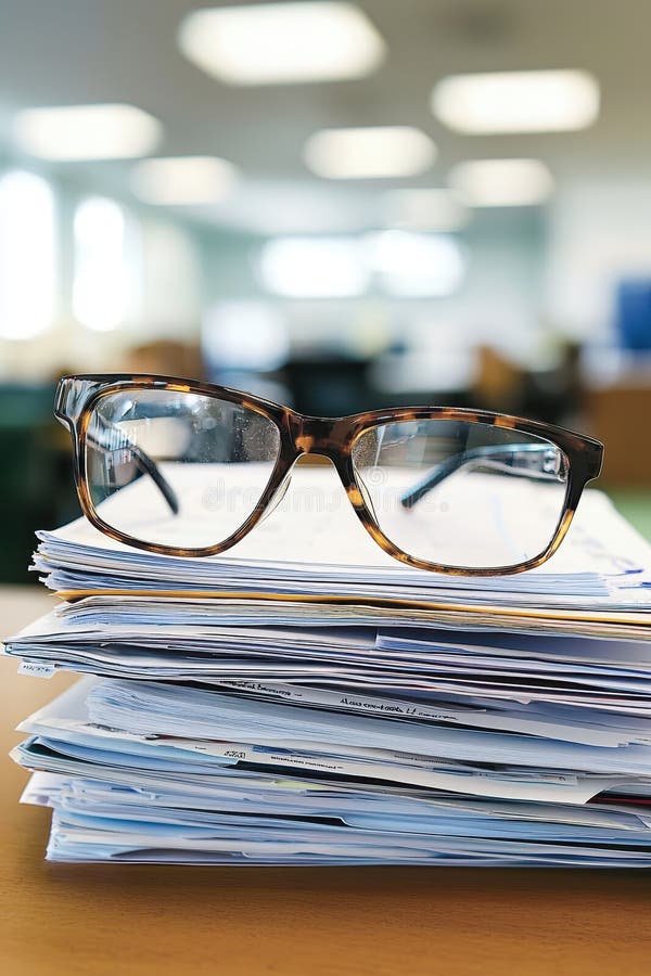 Stylish Glasses Resting on a Stack of Documents in an Office Setting, Capturing the Essence of ...