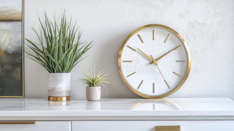 Stylish Gold Clock and Plants on White Console Table Stock Illustration ...