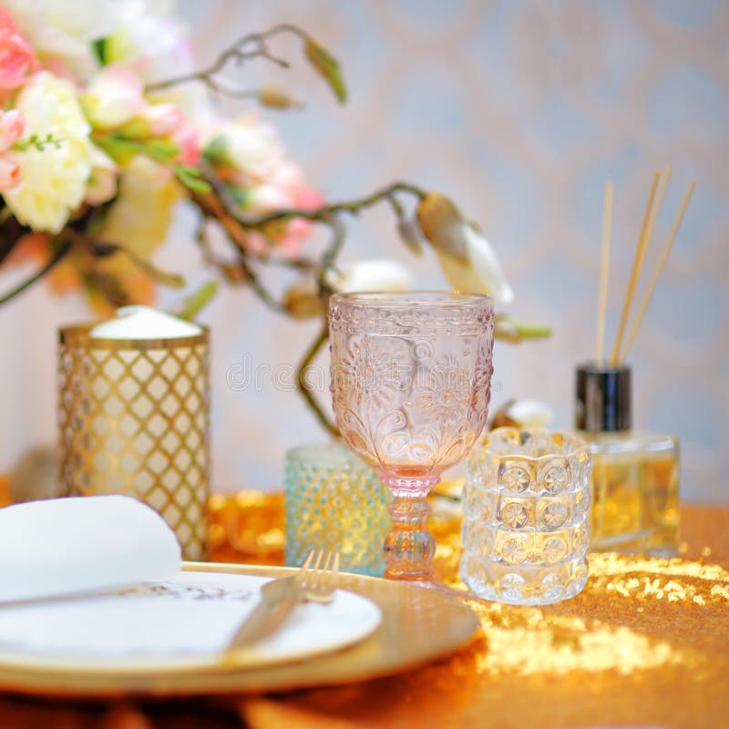 Stylish gold table set stock image. Image of detail, interior - 52321621