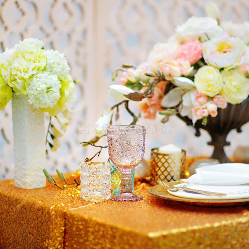 Stylish gold table set stock photo. Image of design, invitation - 54760782