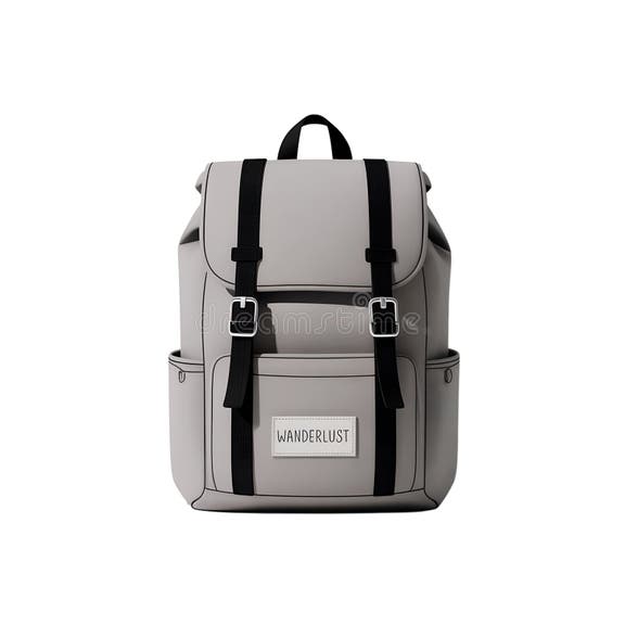 Stylish Grey Backpack with Black Straps and "Wanderlust" Patch for Modern Adventures Stock Image ...