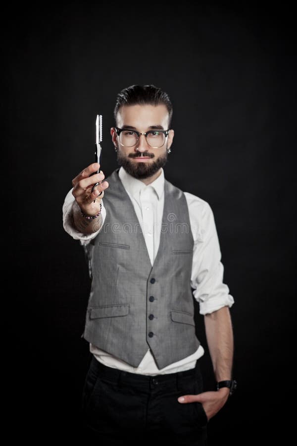 Stylish Hairdressers in the Studio with Blade for Razor Stock Image ...
