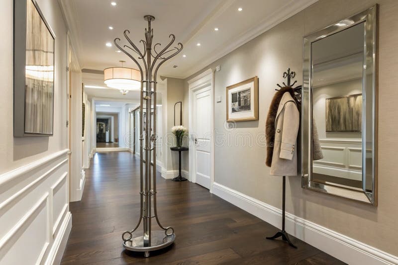 Stylish Hallway Interior with Coat Rack and Mirror Stock Illustration ...