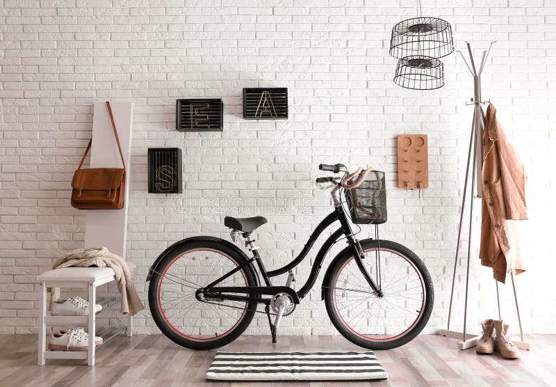 Stylish Hallway Interior with Modern Bicycle. Stock Photo - Image of ...