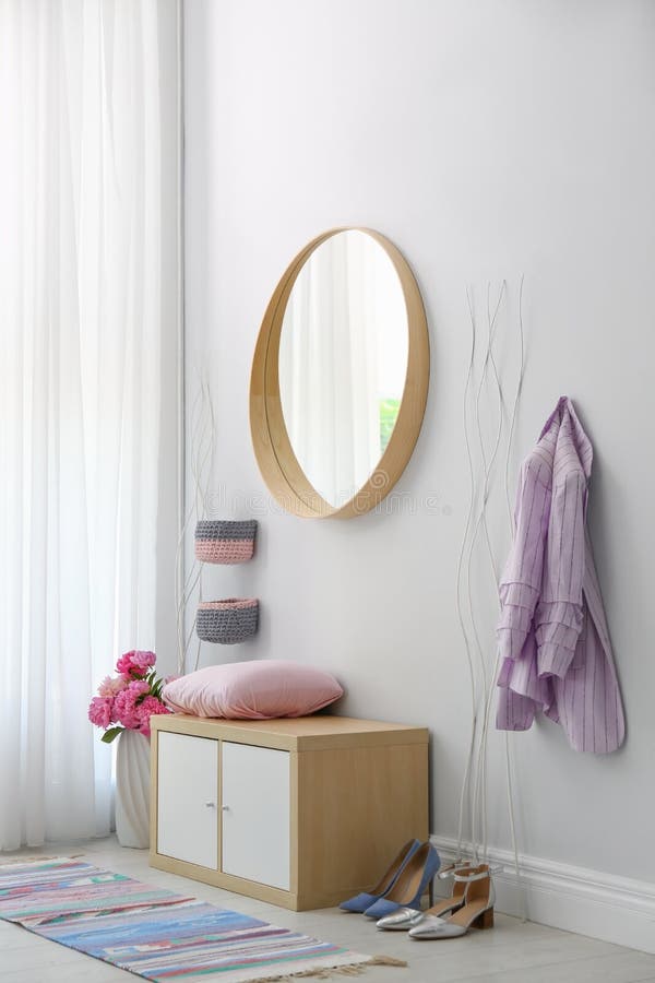 Stylish Hallway Interior with Round Mirror on White Stock Image - Image ...