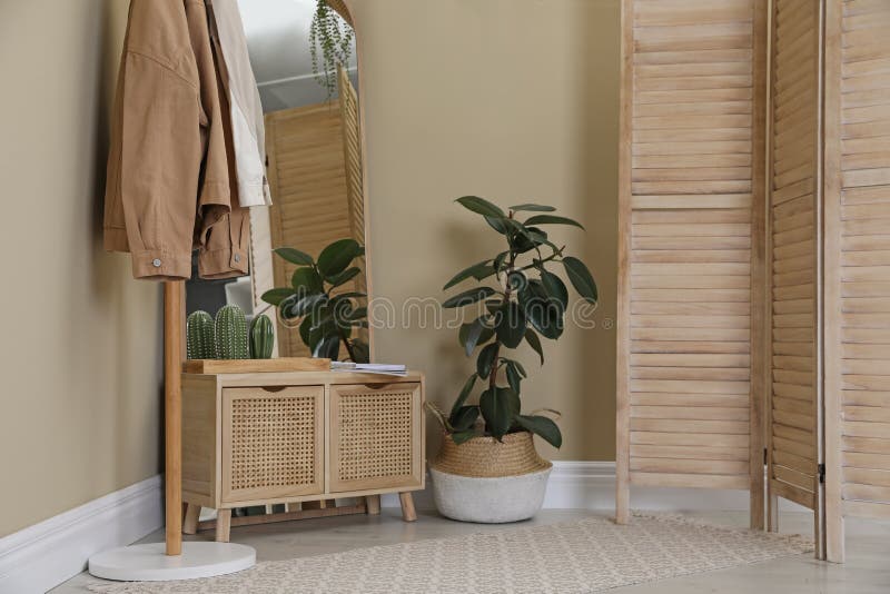 Stylish Hallway Room Interior with Wooden Commode, Coat Rack and Large ...