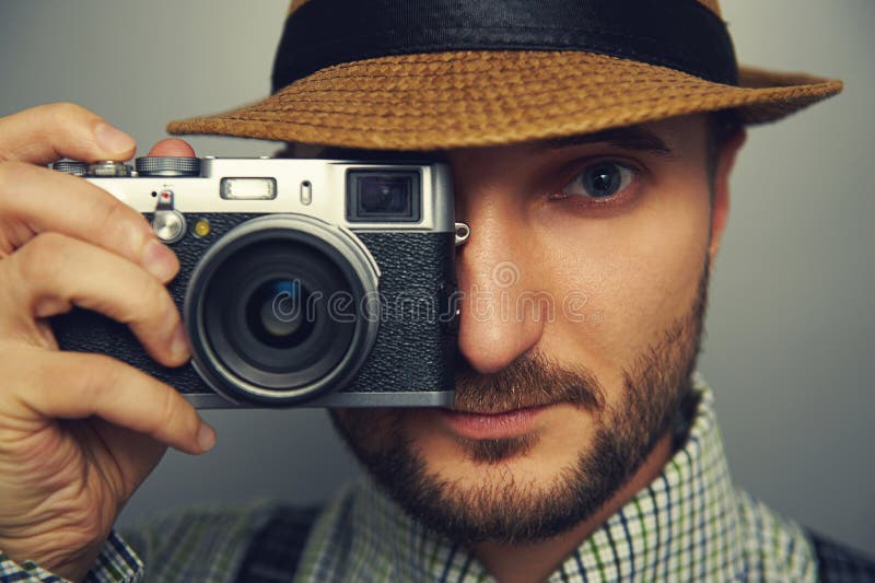 Photographer with Retro Camera Stock Image - Image of person, lens ...