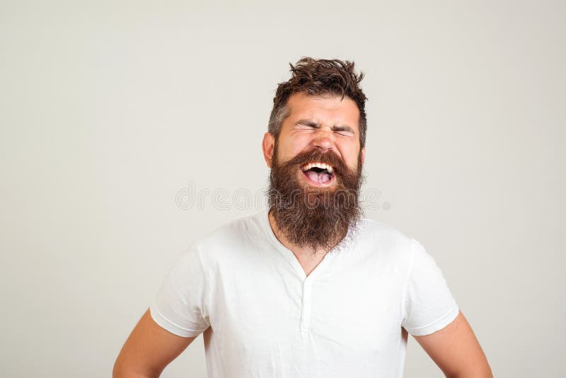 Stylish Happy Bearded Man With Closed Eyes Shouting On White Background