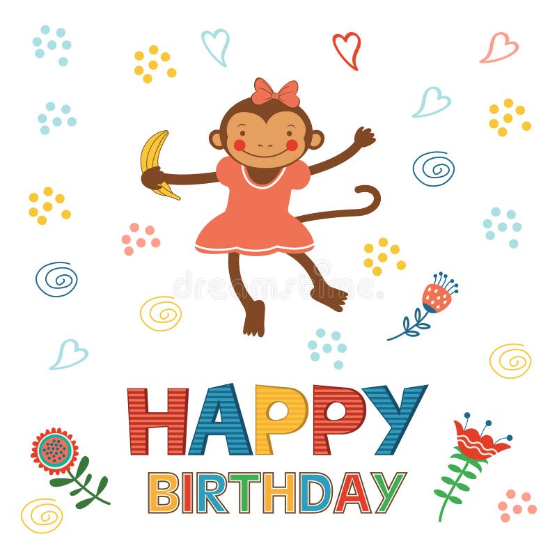 Stylish Happy Birthday Card with Cute Monkey Stock Vector ...