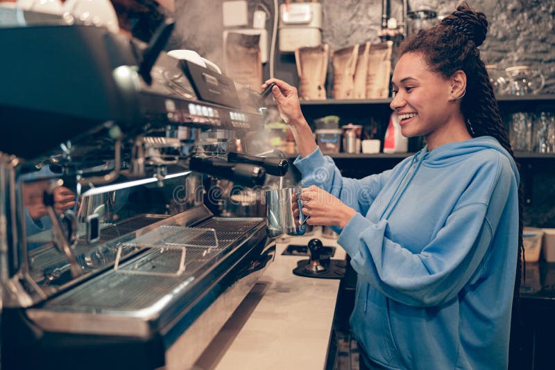 Stylish Happy Female Bartender Making Coffee at Professional Machine ...