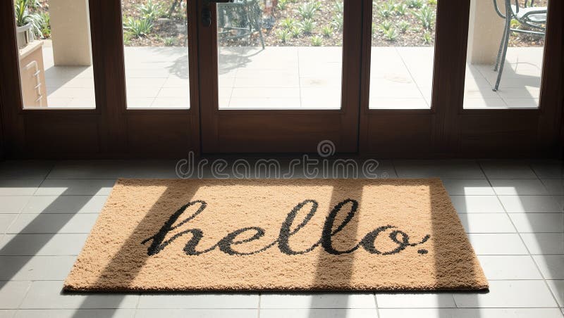 Stylish Hello Rug by Glass Door with Sunlight Stock Illustration ...
