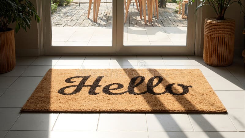 Stylish Hello Rug by Glass Door with Sunlight Stock Illustration ...