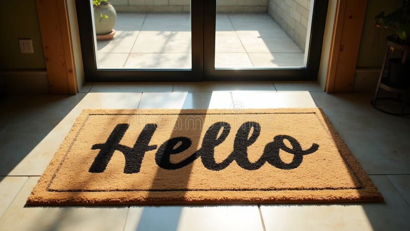 Stylish Hello Rug by Modern Glass Door in Sunlight Stock Illustration ...