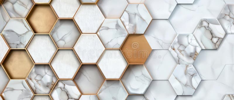 Stylish Hexagonal Marble and Gold Tiles Creating a 3D Pattern Stock Illustration - Illustration ...