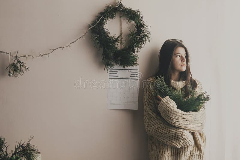 Stylish Hipster Girl in Knitted Sweater Standing in Rustic Room Stock ... Stylish Hipster Girl in Knitted Sweater Standing in Rustic Room Stock ...