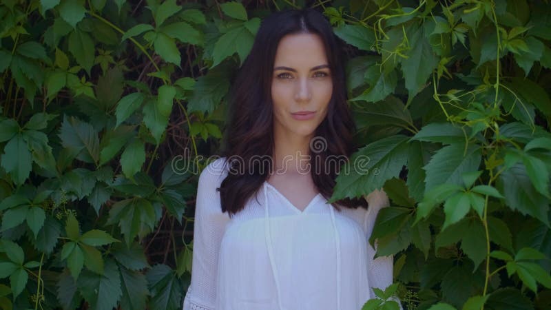 Stylish Hipster Girl Posing Over Green Leaves Bush Background Stock ... Stylish Hipster Girl Posing Over Green Leaves Bush Background Stock ...