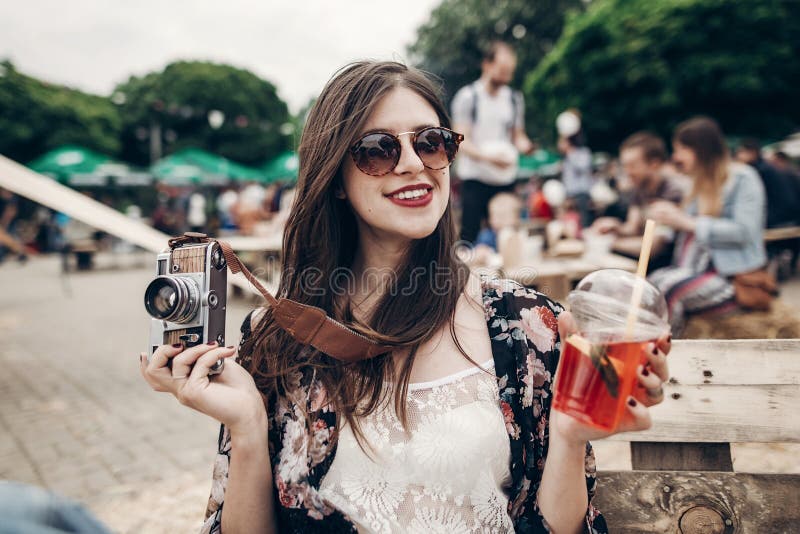 Stylish Hipster Woman In Sunglasses With Red Lips Holding Lemonade And
