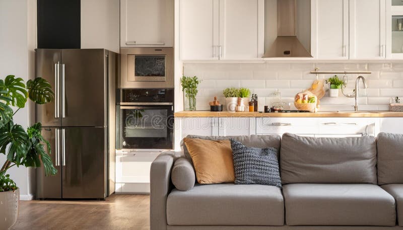 Stylish Home Interior with Cooking and Relaxing Space with Couch and ...