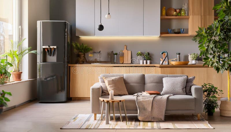 Stylish Home Interior with Cooking and Relaxing Space with Couch and ...