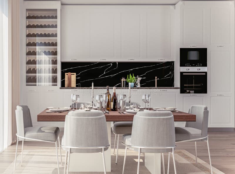 Stylish Home Interior with Open Plan Kitchen and Dining Area with Well ...