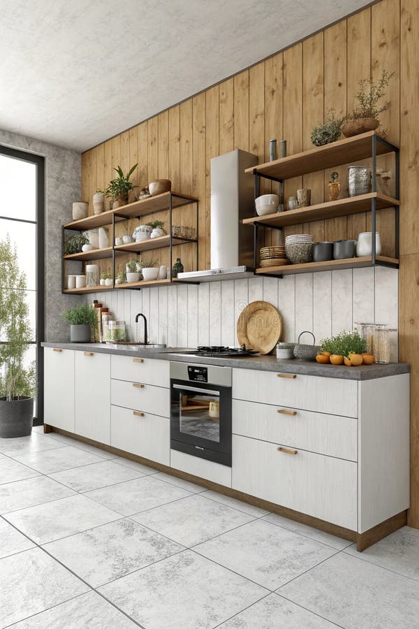 Stylish Home Kitchen with Cabinets and Shelves Stock Image - Image of ...